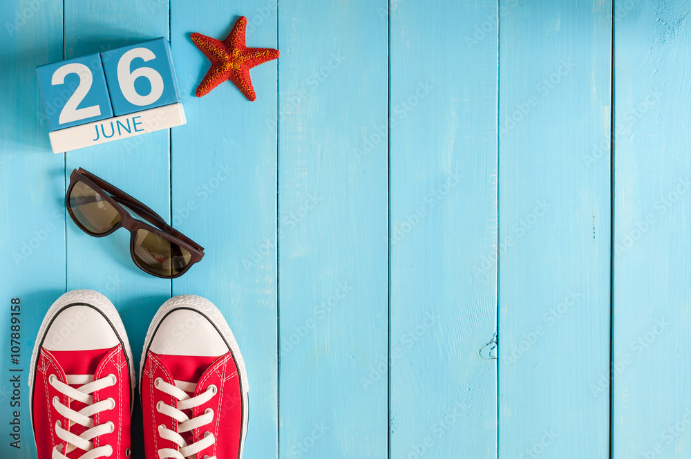 June 26th. Image of june 26 wooden color calendar on blue background ...