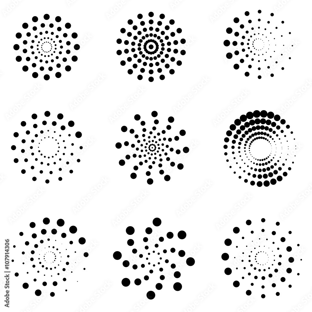 Abstract dotted spirals vector set. Dotted whirlpool spiral, dot spiral ...