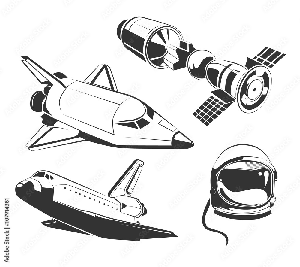 Vector elements for vintage space, astronaut labels and emblems. Rocket ...
