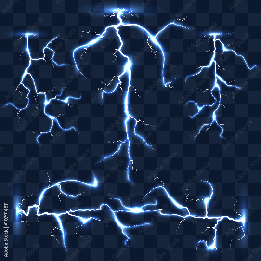 Realistic vector lightnings set on checkered background. Bright ...