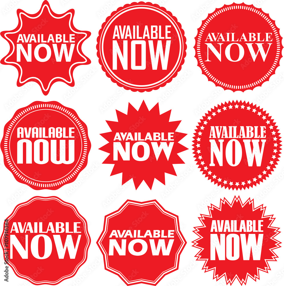 Available now signs set, available now sticker set, vector illustration ...