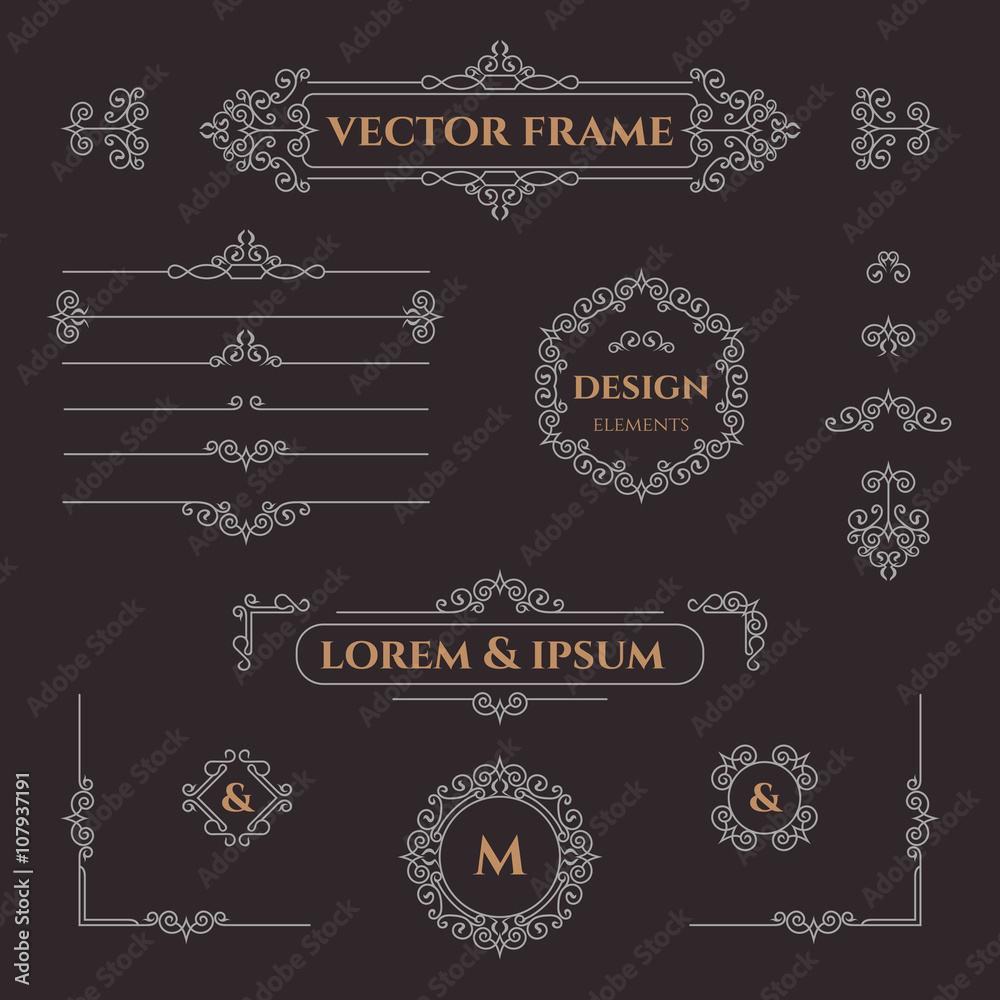 Set of decorative borders, frames, corners and monograms. Template ...