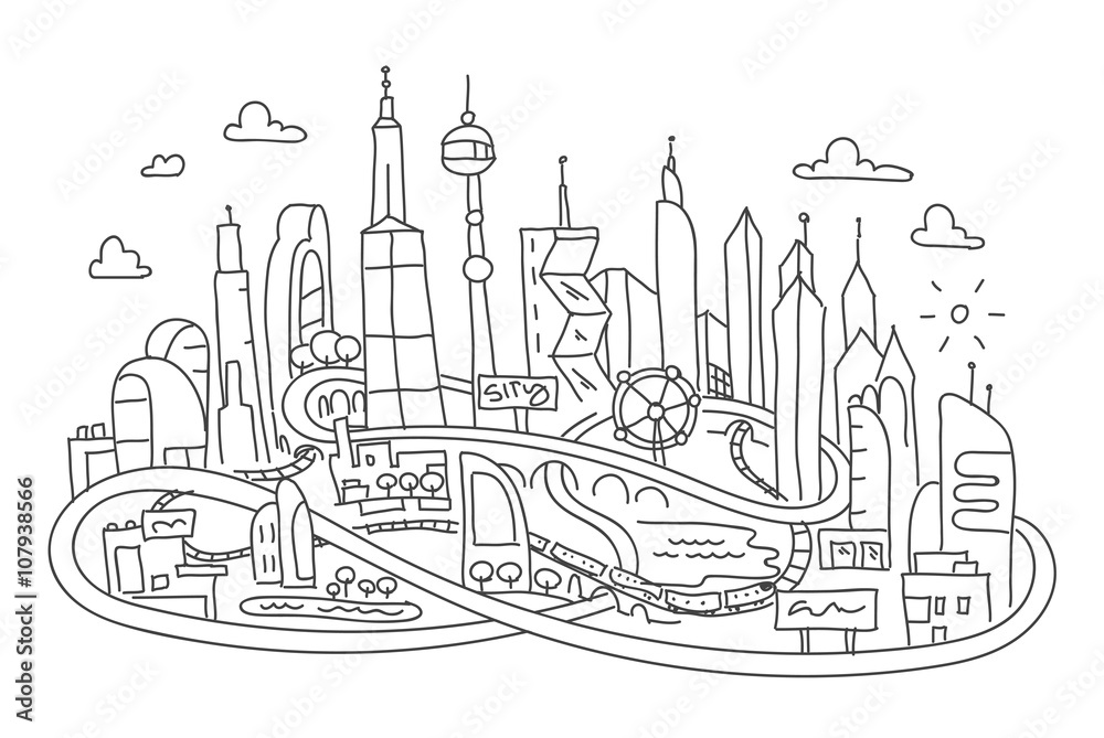 Hand line drawing, futuristic city architecture Stock Vector | Adobe Stock