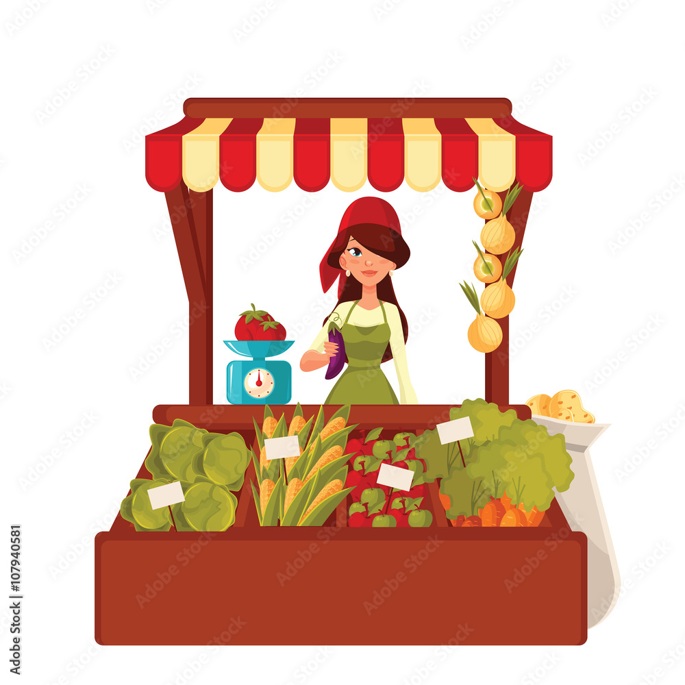 Sale of farm vegetables in the market, vector cartoon woman sells fresh ...