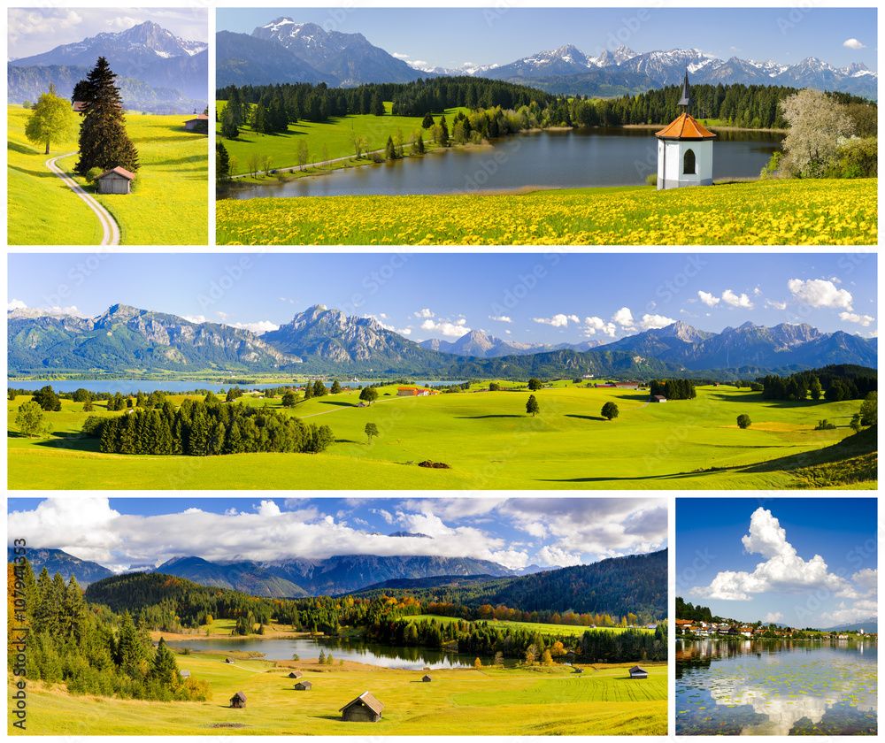 Collage mit Panorama Landschaft in Bayern mit Alpen, Berge und See im ...