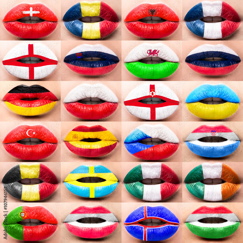 Collection of Female lips close up with a picture flags europe Stock ...