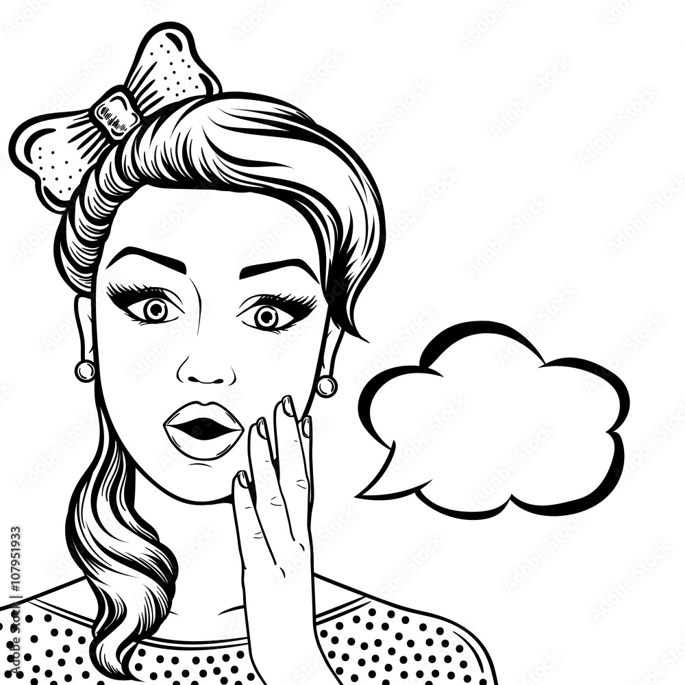 Vecteur Stock Line art cute shocked woman face with open mouth, comic ...