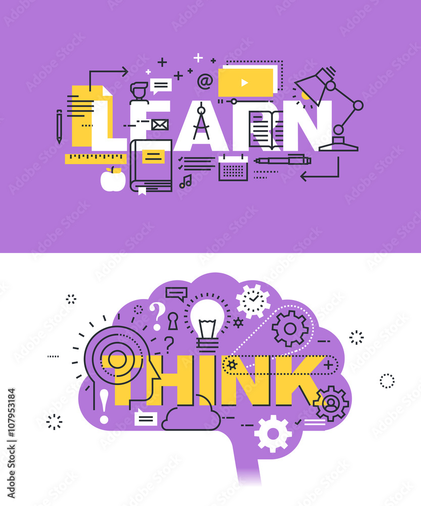 Set of modern vector illustration concepts of words learn and think ...
