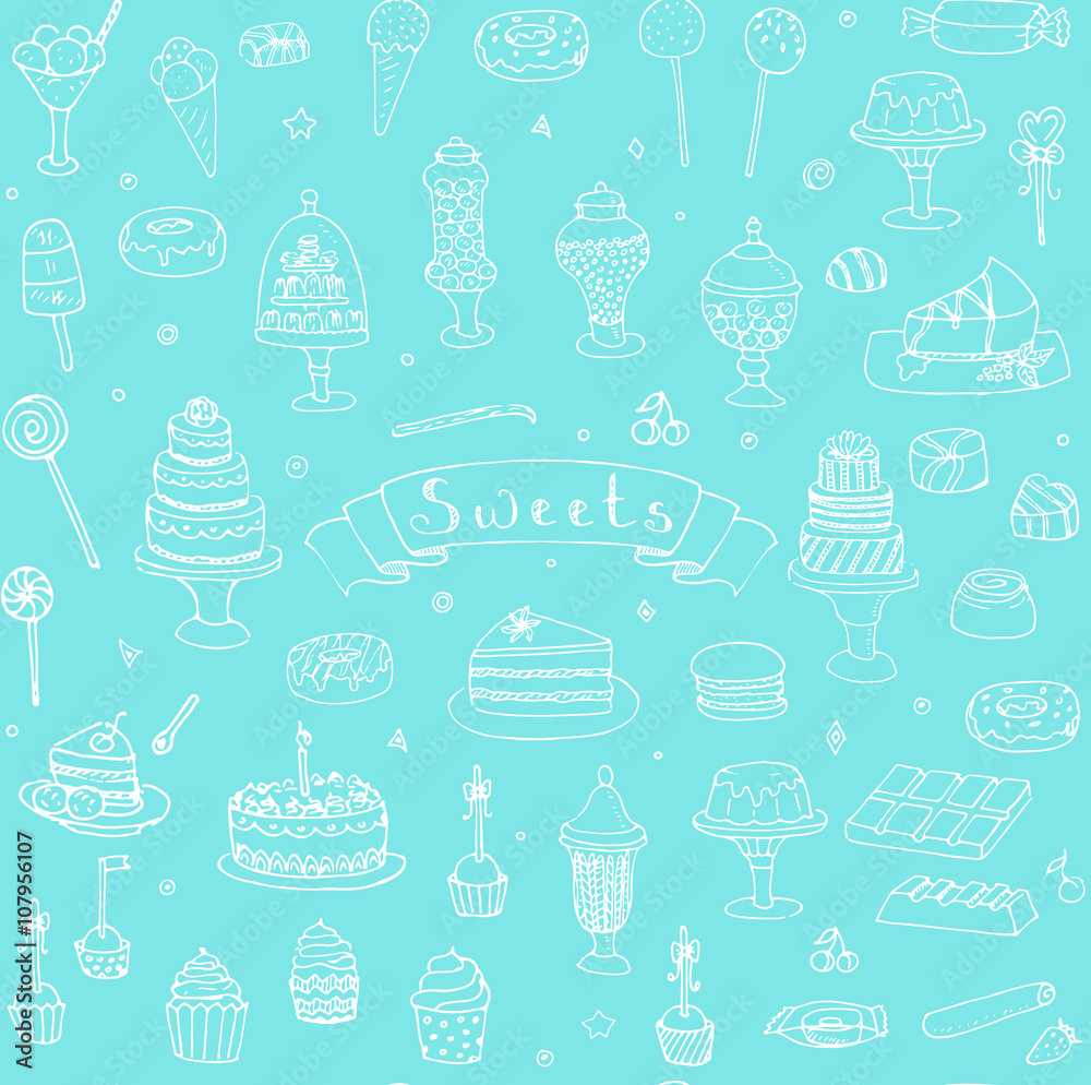 Seamless background hand drawn doodle Sweets set Vector illustration ...
