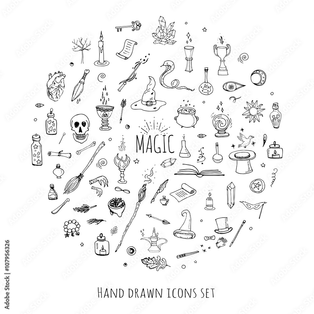 Hand drawn doodle Magic set Vector illustration wizardy, witchcraft ...
