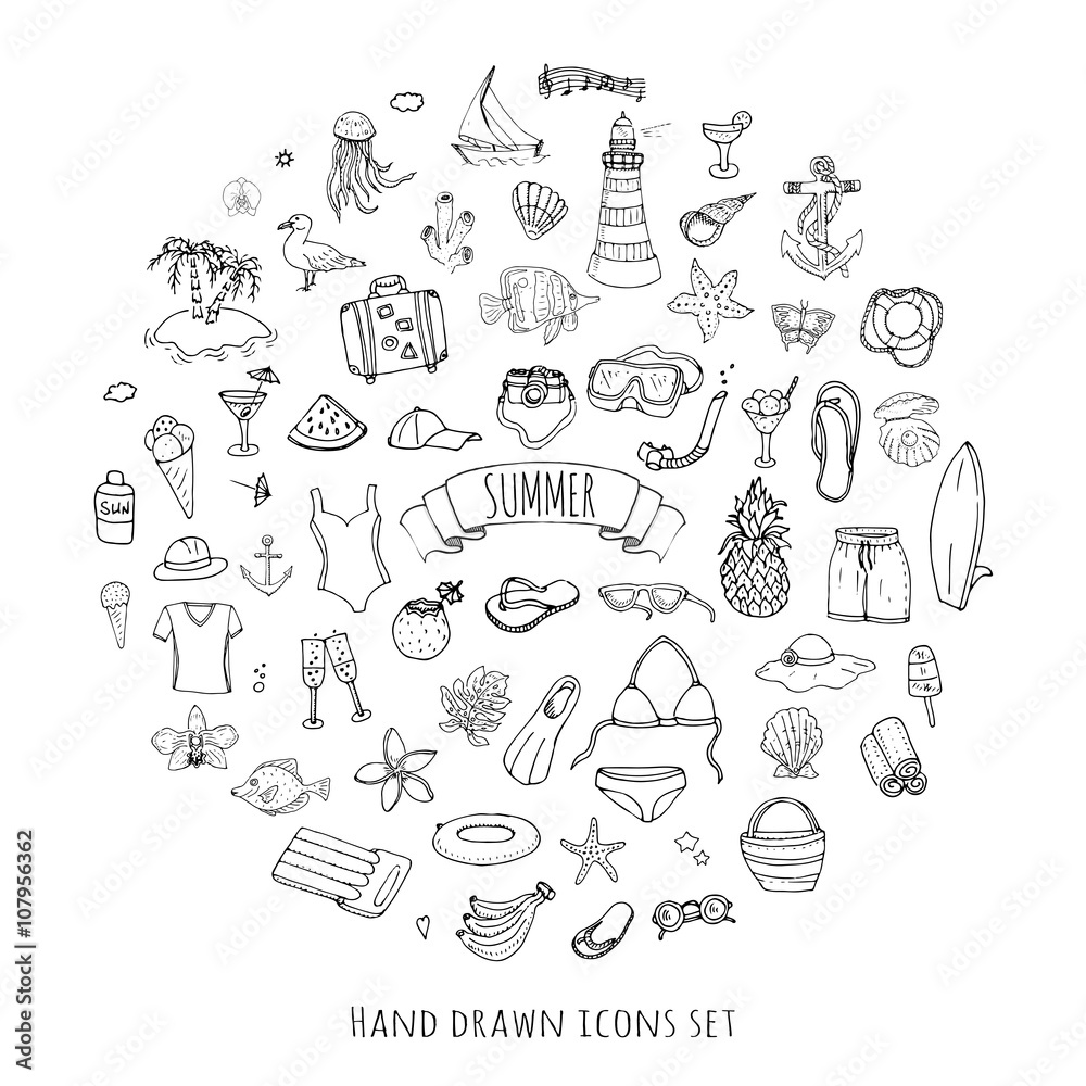Hand drawn doodle summer set icons Vector illustration Sketchy summer ...