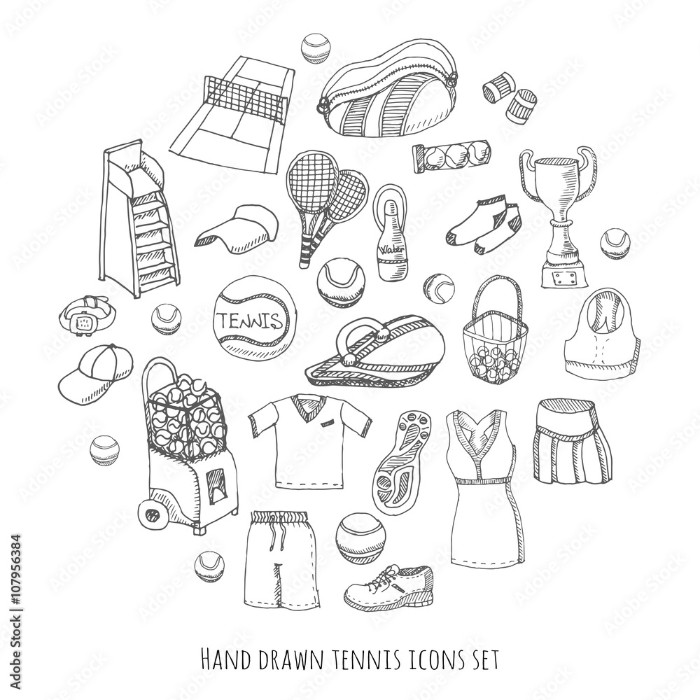 Hand drawn doodle Tennis game set Vector illustration tennis equipment ...