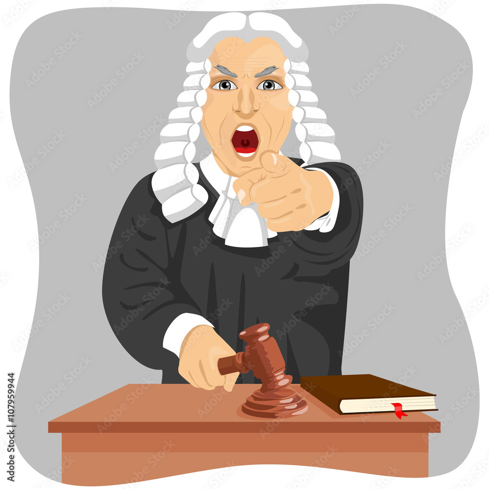Angry judge yelling and pointing his finger at someone knocking gavel ...
