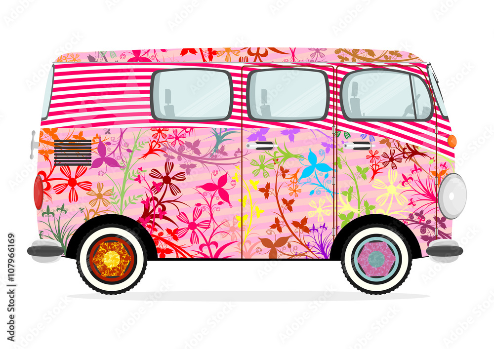 Funny cartoon hippie bus on a white background. Flat vector Stock ...
