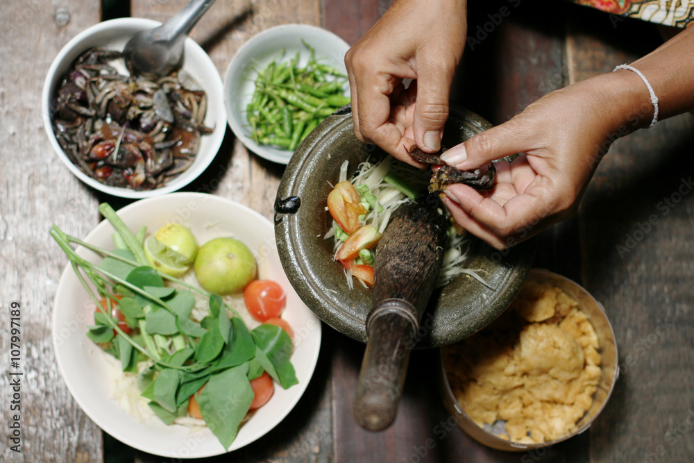 Ingredients for making Som Tum food of Thai green papaya salad reciped ...
