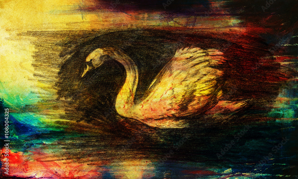 pencil drawing swan on old paper background and Color Abstract ...