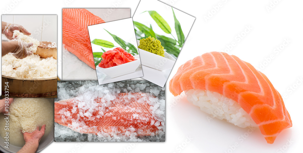 Salmon nigiri and collage with process of making sushi isolated on ...