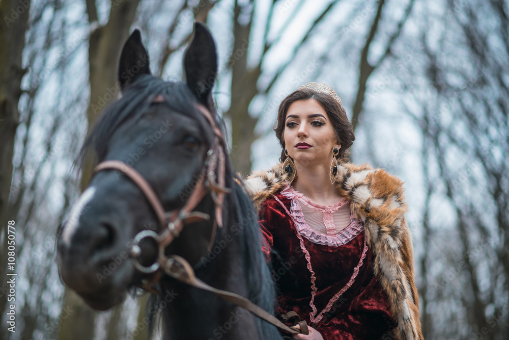 Princess with her horse in the woods Stock Photo | Adobe Stock