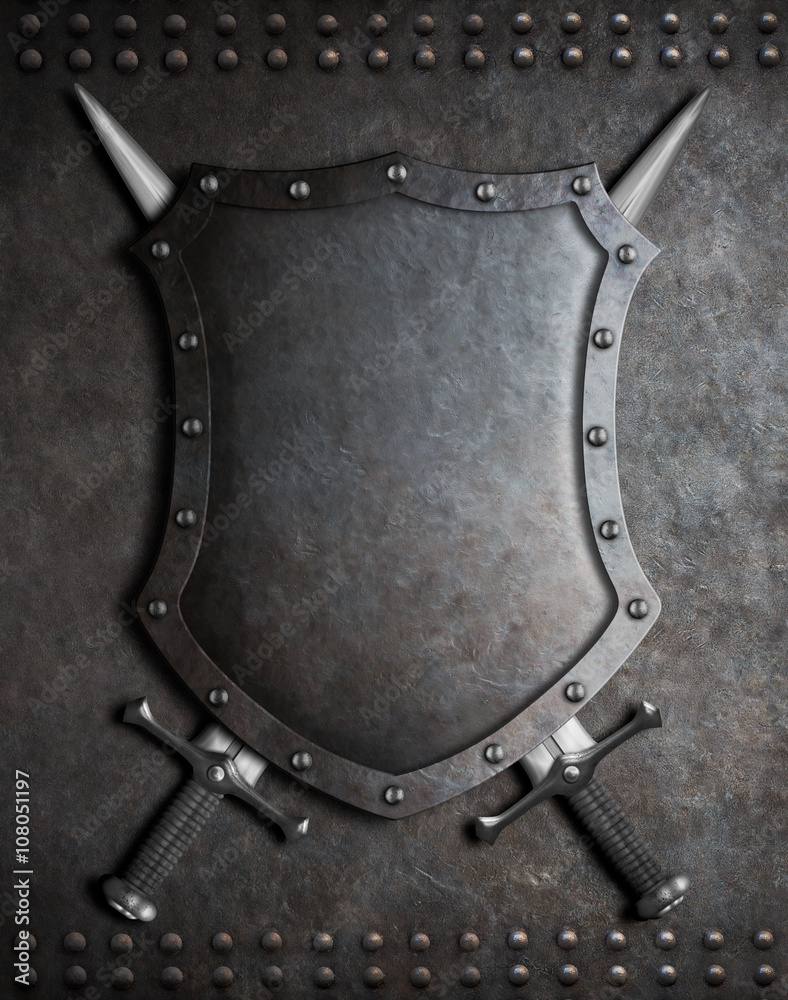 medieval shield with two crossed swords over armour background Stock ...