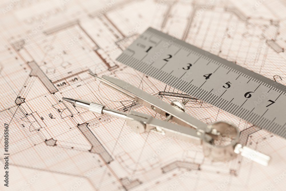 architecture blueprint - house plan, compass, ruler Stock Photo | Adobe ...