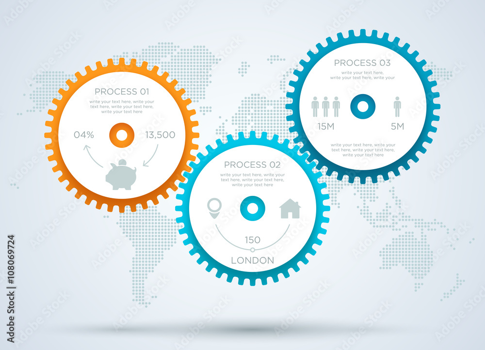 Infographic 3d Cogs With Dots World Map Back Drop B Stock Vector ...