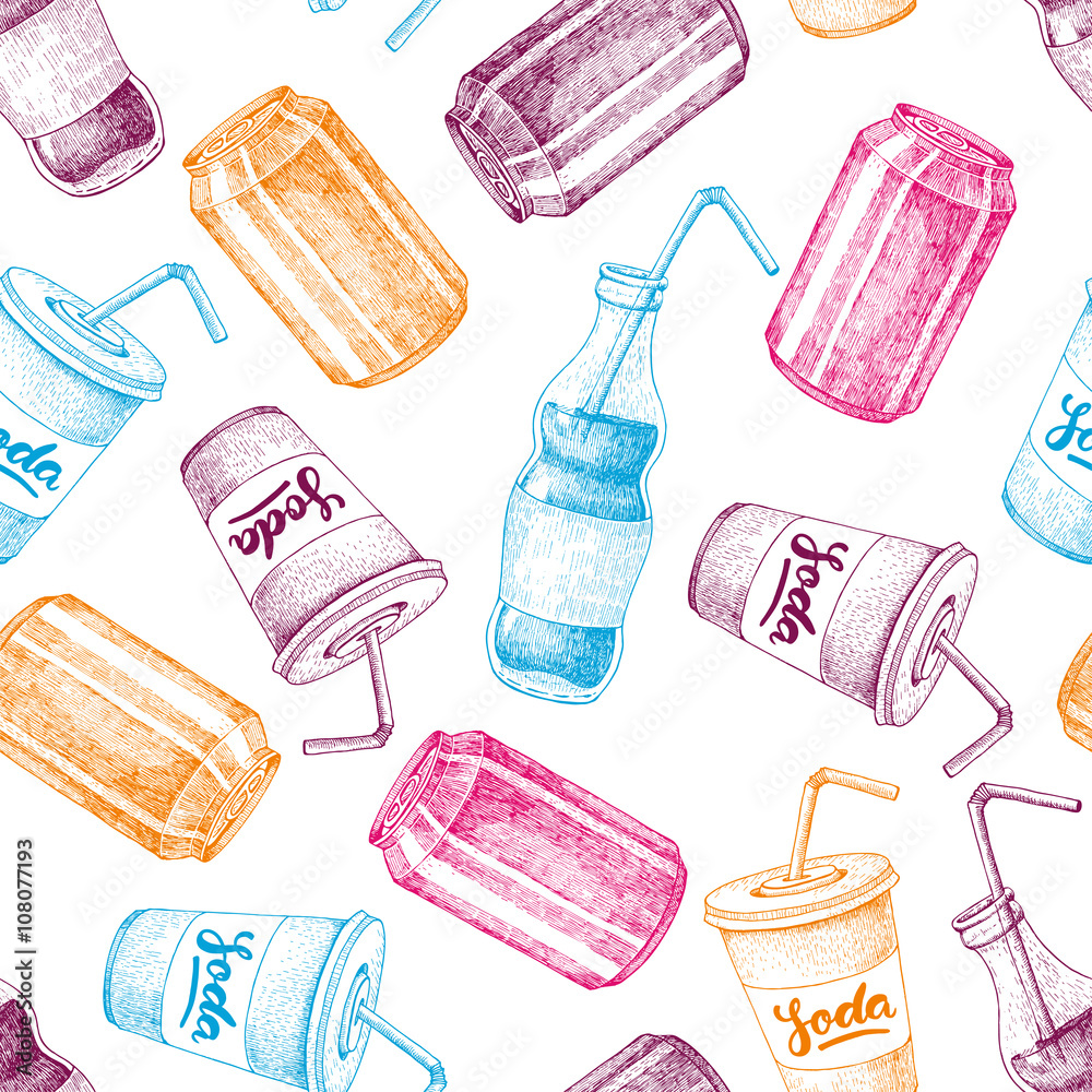 Vector seamless soda drawing pattern. Hand drawn soda illustrati Stock ...