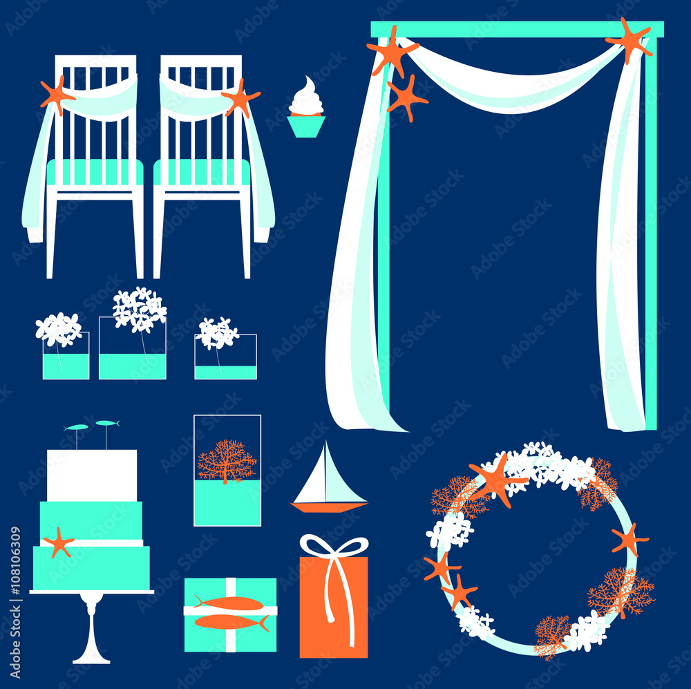 Vector set of decorative wedding elements . Chairs, cake, arch, flowers. Sea decor. Vector ...