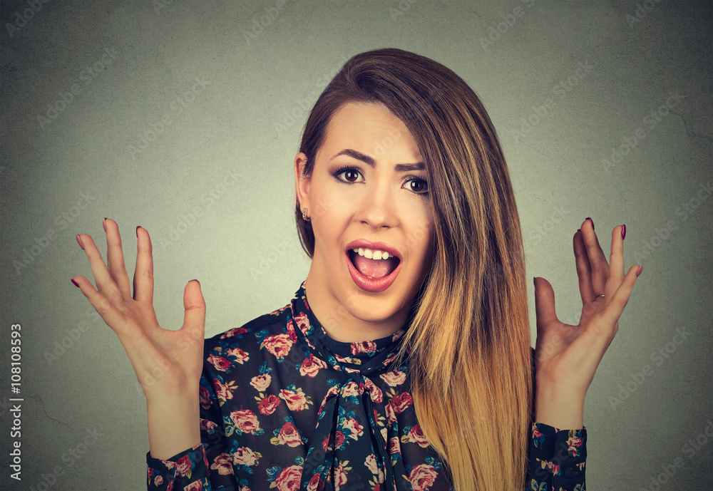 Surprised woman screaming. Shocked lady with her mouth opened hands ...