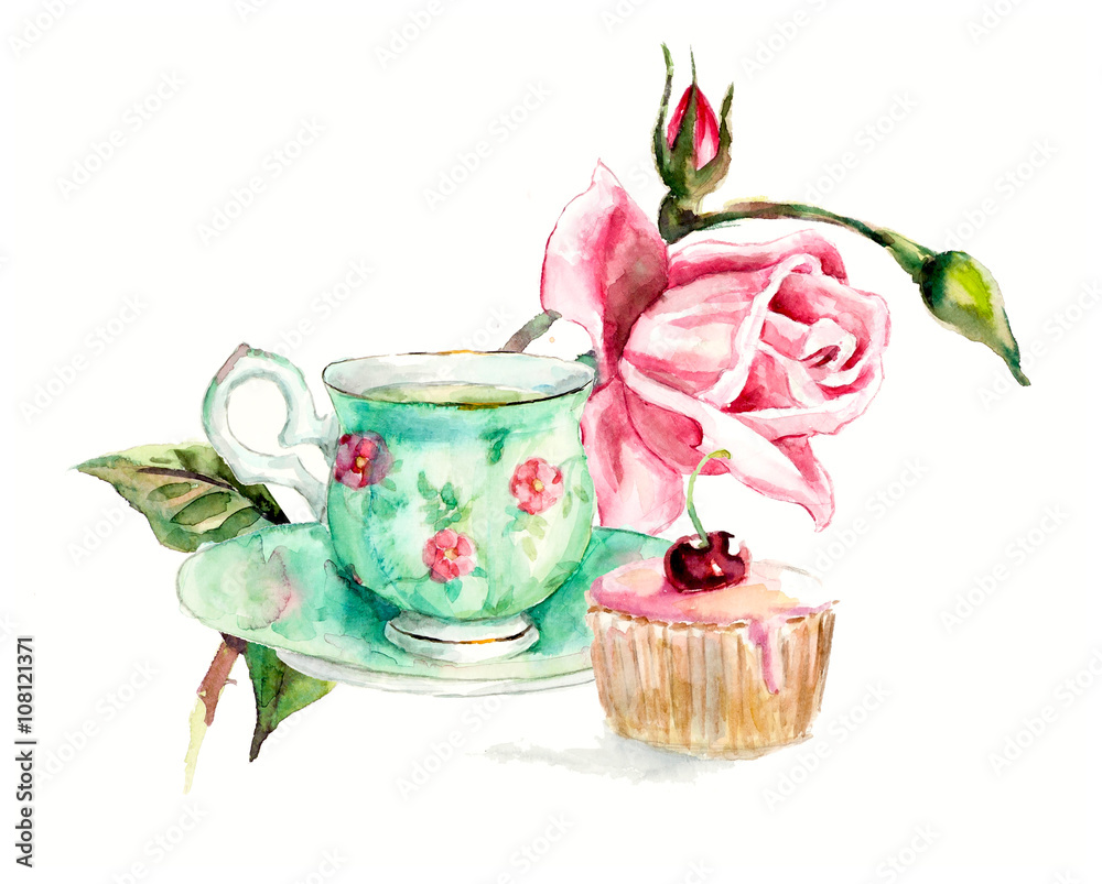 Tea Time. A cup of tea and cake. Invitation to tea drinking. Watercolor ...