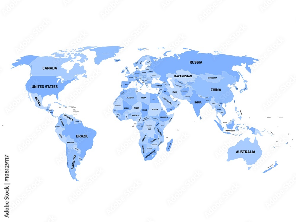 World map with names of sovereign countries and larger dependent ...
