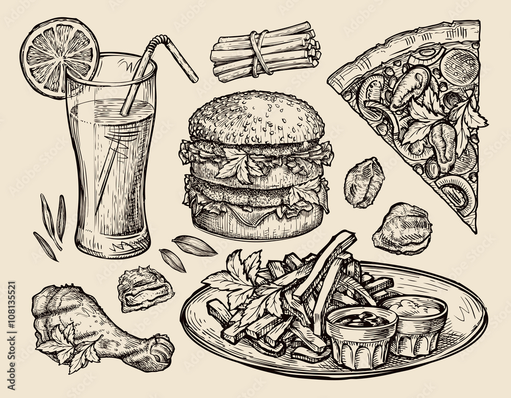 fast food. hand drawn pizza, hamburger, fries, burger, grilled chicken ...