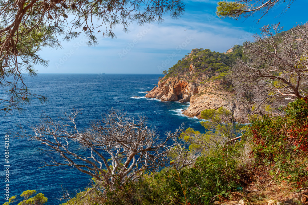 Aerial view of Cala Pola bay, coast of the Balearic Sea near Tossa de ...