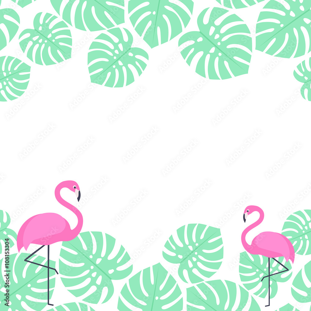 Summer card with tropical palm leaves and flamingo. Bright summer ...