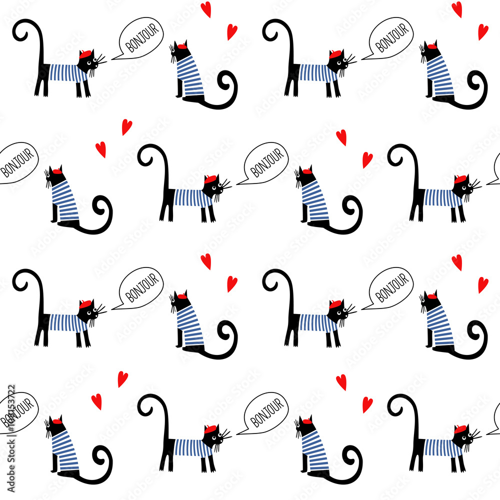 French style cats saying bonjour seamless pattern. Cute cartoon ...