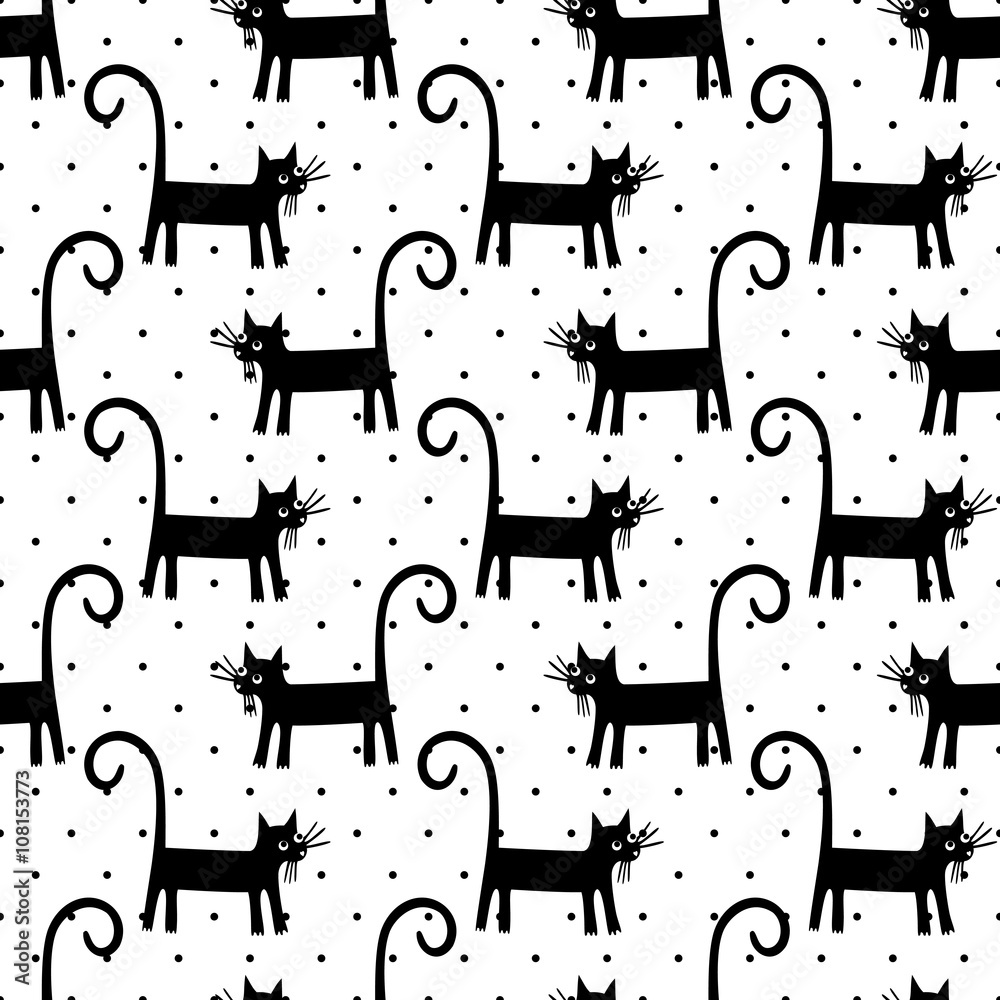 Black cat seamless pattern on polka dots background. Cute cartoon cat ...