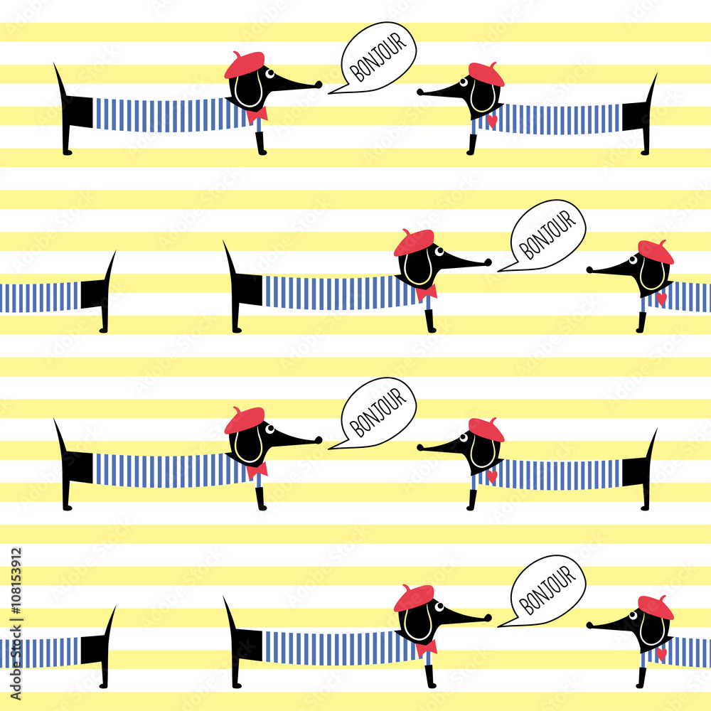 French style dogs saying bonjour seamless pattern on striped background ...