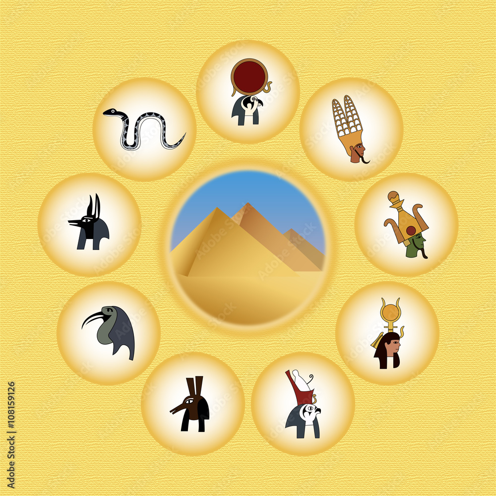 Ten circles with egypt gods and pyramids on sand background Stock ...