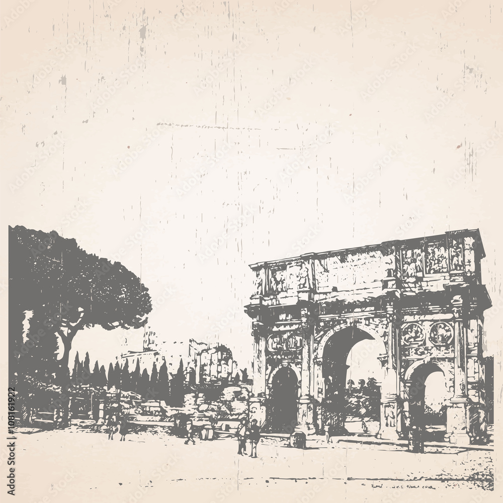 Hand-drawn illustration of Rome. Roman Arch. Italy. Vector Stock Vector ...