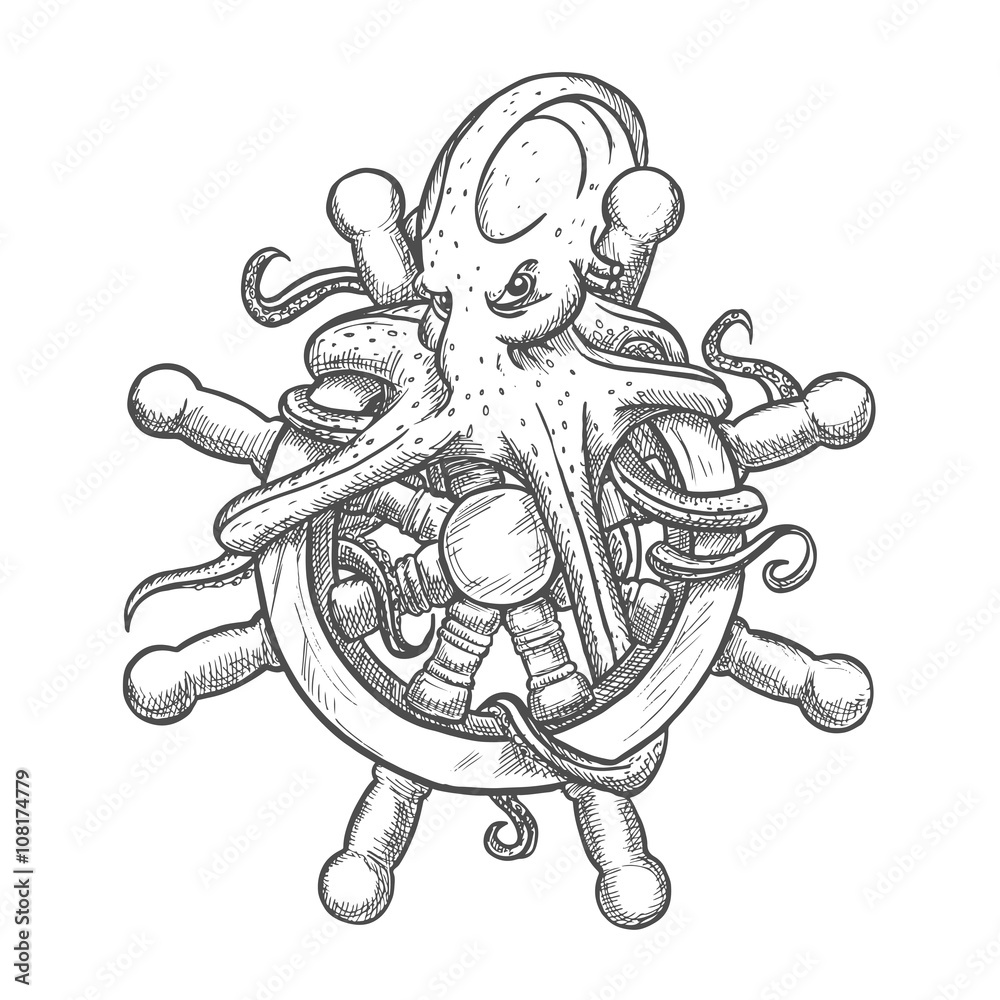 Angry octopus on ship helm sketch symbol Stock Vector | Adobe Stock
