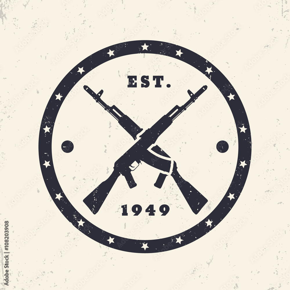 crossed assault rifles, round emblem, badge, vector illustration Stock ...