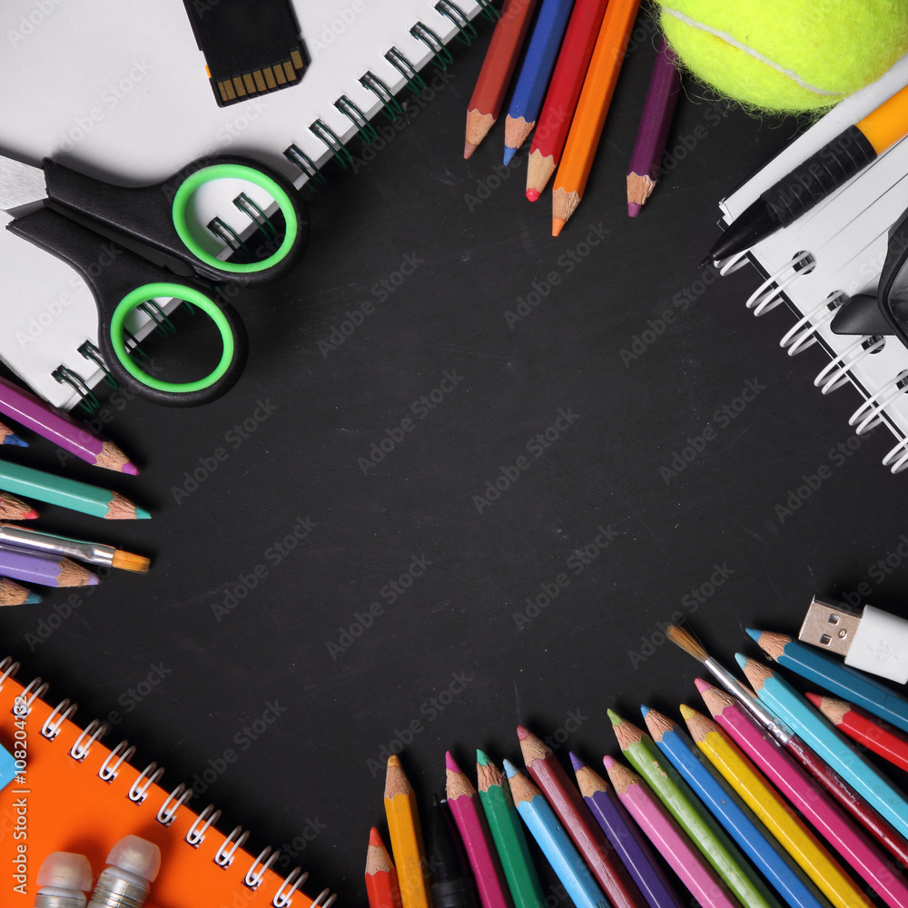 Frame of colorful school supplies for education concept Stock Photo ...