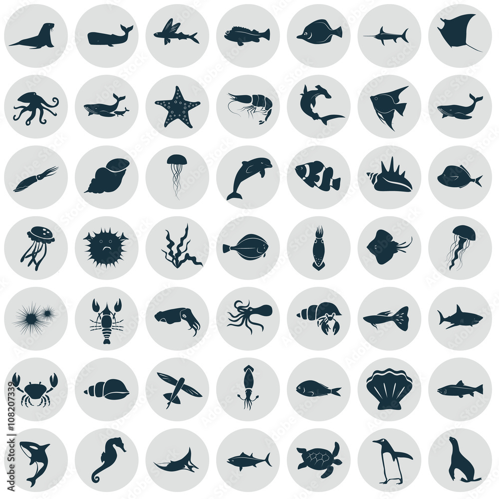 Set of forty nine sea animals icon Stock Vector | Adobe Stock