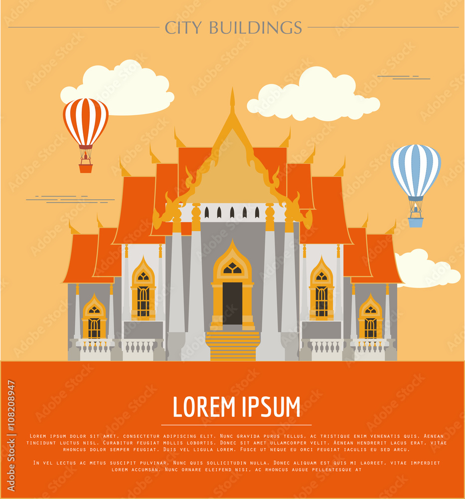 City buildings graphic template. Thailand. Marble Temple. Stock Vector ...