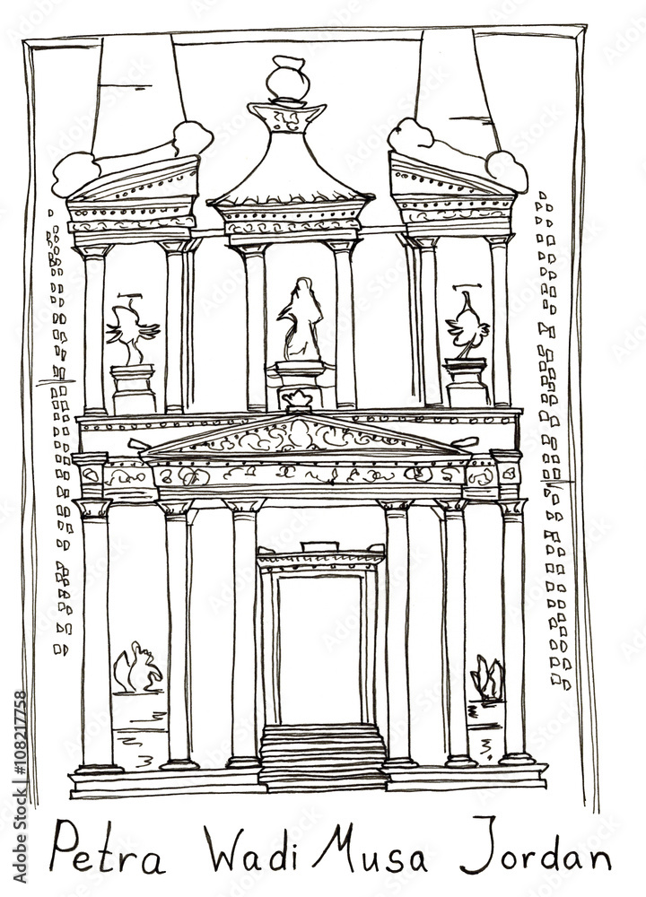 Hand drawn sketch of The ancient city of Petra, Petra / Wadi Mus Stock ...