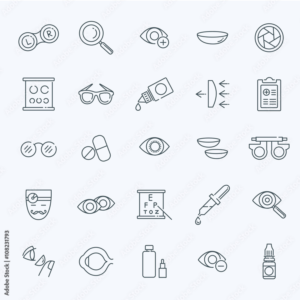 Oculist optometry vision correction eyes health line icons set Stock ...