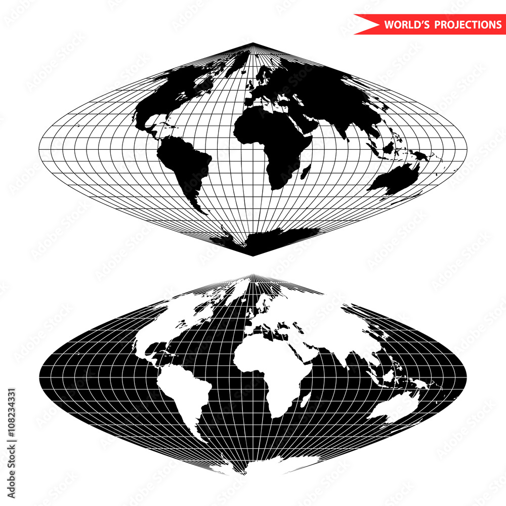 The sinusoidal pseudocylindrical equal-area world map projection. Black and white world map ...