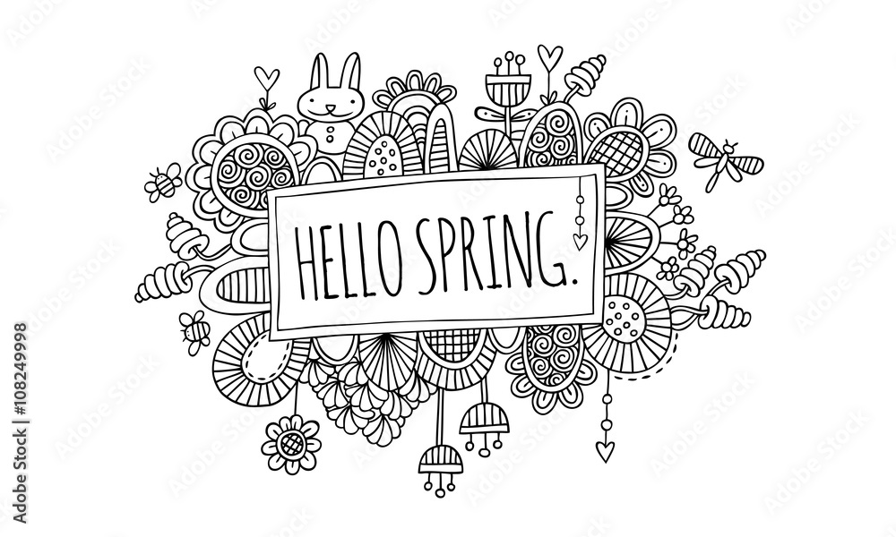 Hello Spring Doodle Black and White Vector Lineart Stock Vector | Adobe ...