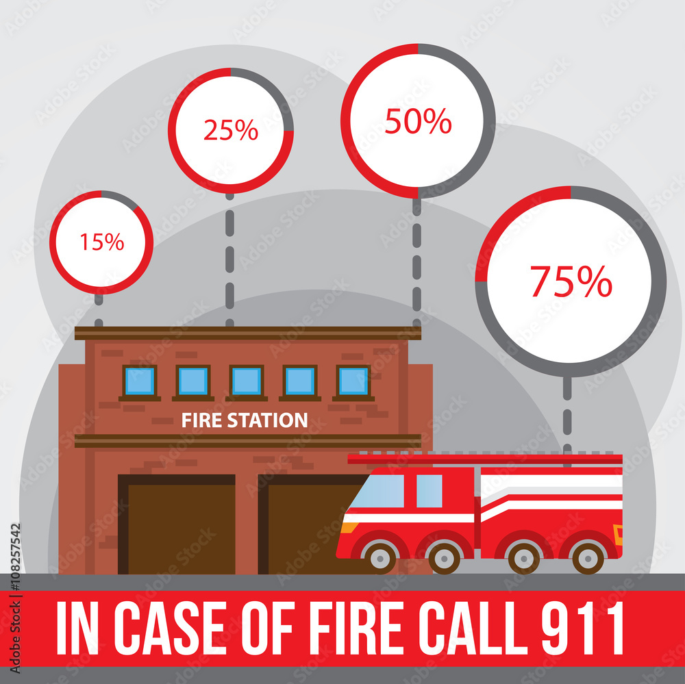 Illustration of a fire station fire engine with infographics elements ...