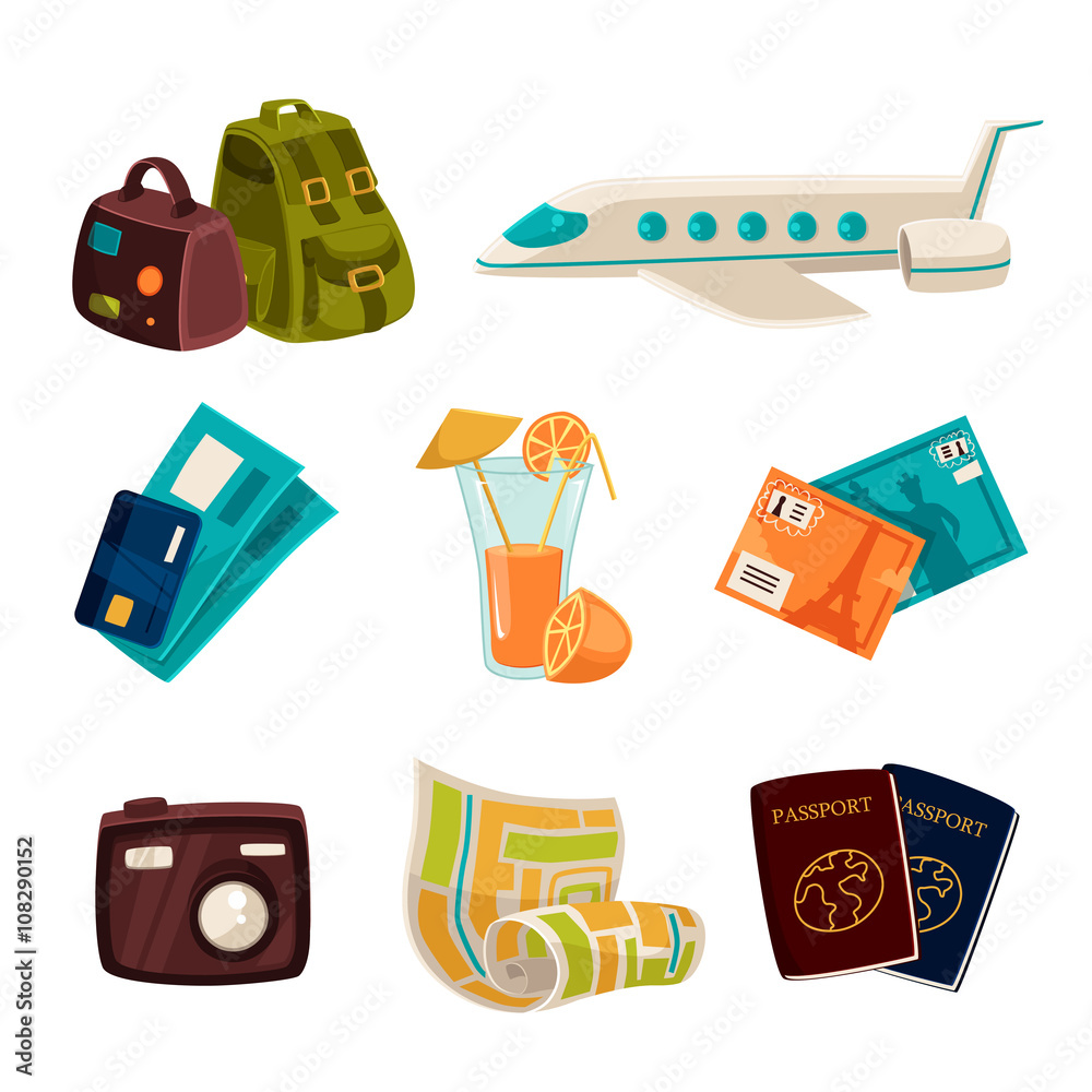 Icons for vacation and tourism elements of vector cartoon isolated on ...