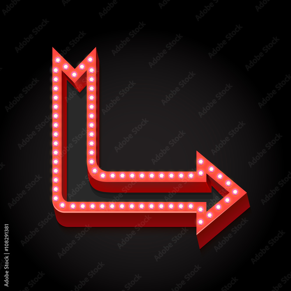 Retro arrow with neon lights. Volumetric boom frame with glowing lights ...